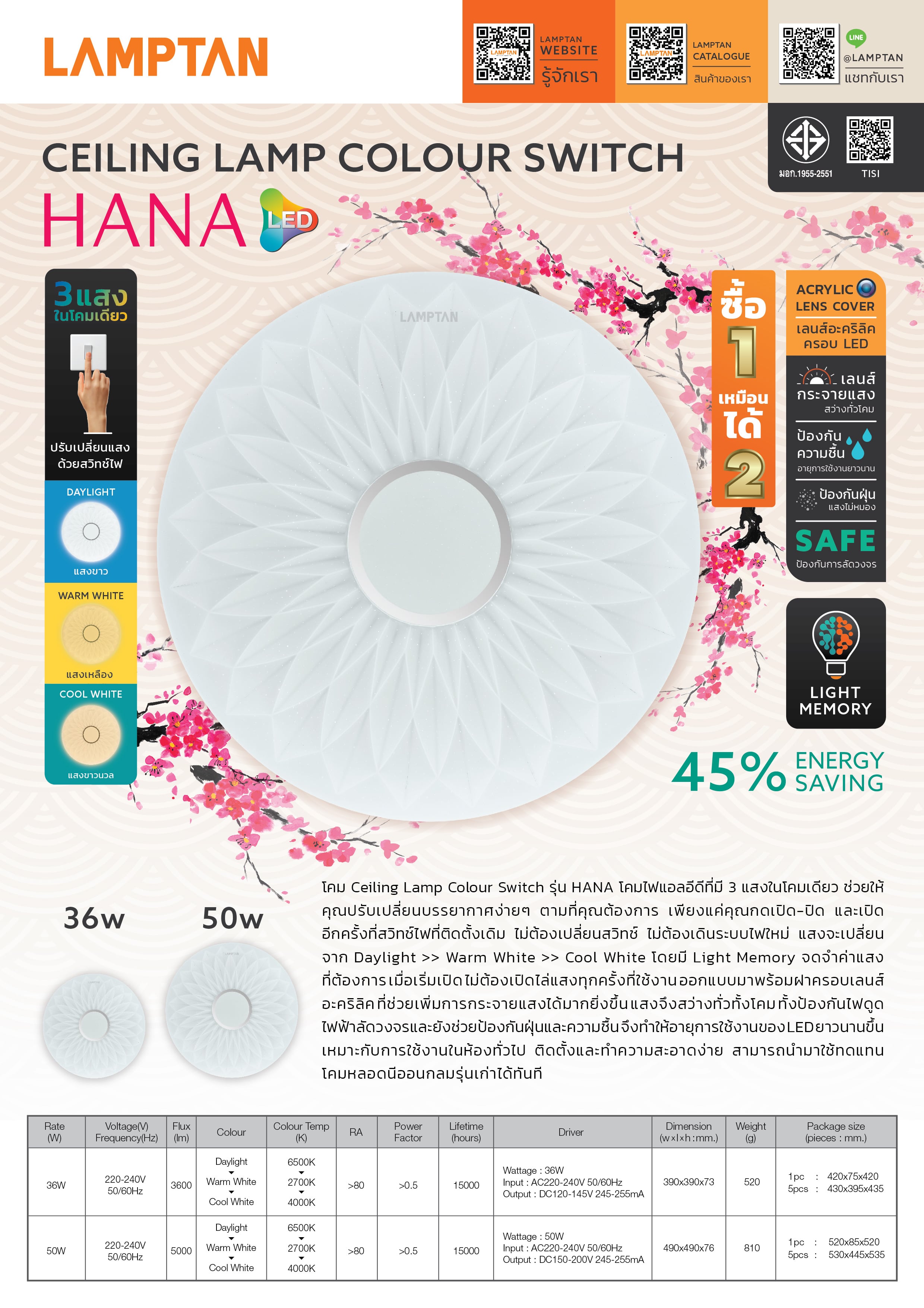LAMPTAN โคมไฟเพดาน LED Ceiling Lamp Colour Switch รุ่น Hana 36W