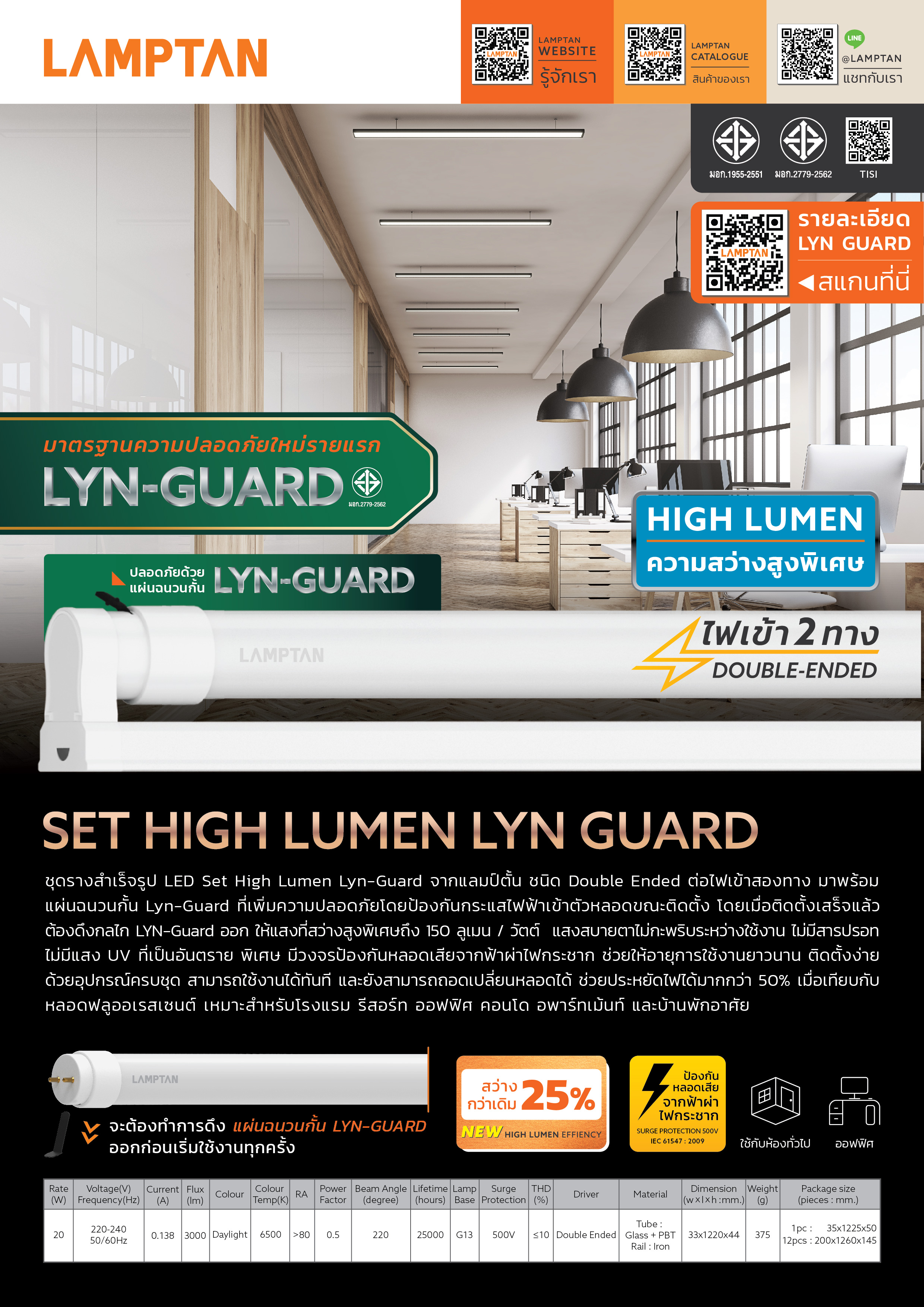 LAMPTAN ชุดรางพร้อมหลอดครบชุด LED SET HIGH LUMEN LYN GUARD 20W สว่าง ...