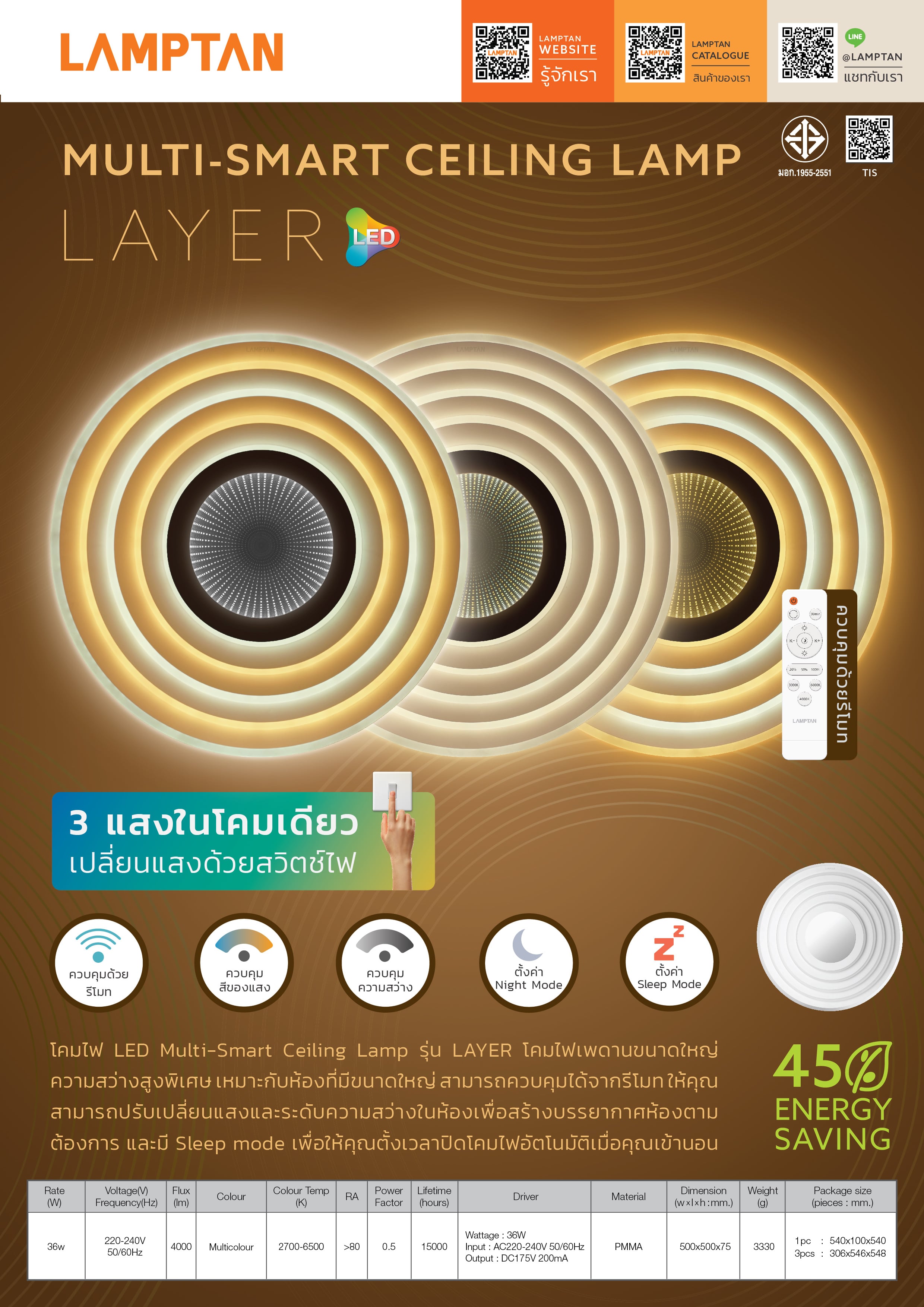 LAMPTAN โคมไฟเพดาน MULTISMART CEILING LAMP LAYER 36w 3แสงใน1โคม ควบคุม ...